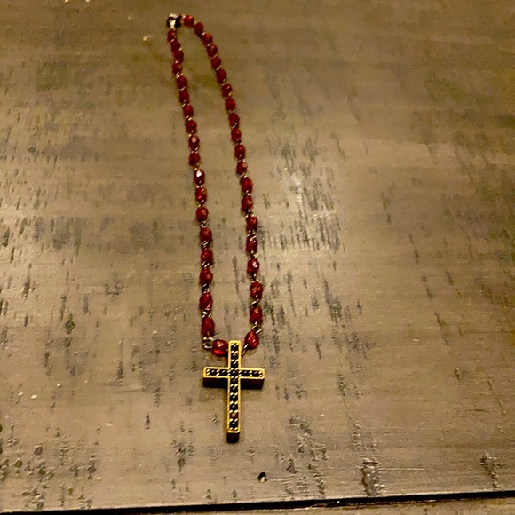 Jewelry | Short Red Beaded Necklace With Gold Cross Pendant | Poshmark